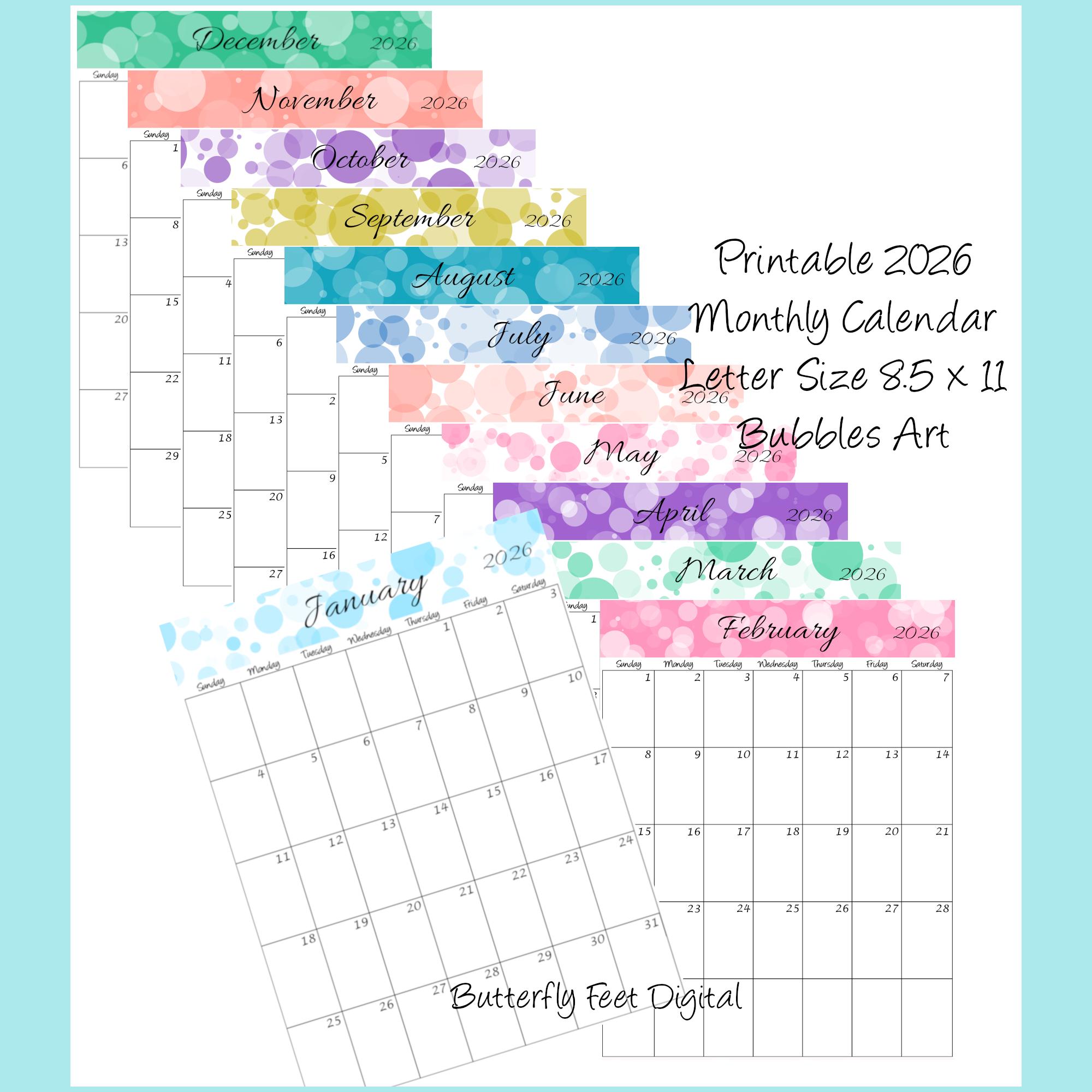 2026 Printable Calendar Letter Size Monthly Portrait View Bubbles ...