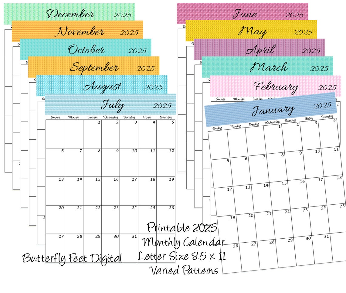 2025 Printable Calendar Letter Size Monthly Planner Portrait Colorful ...