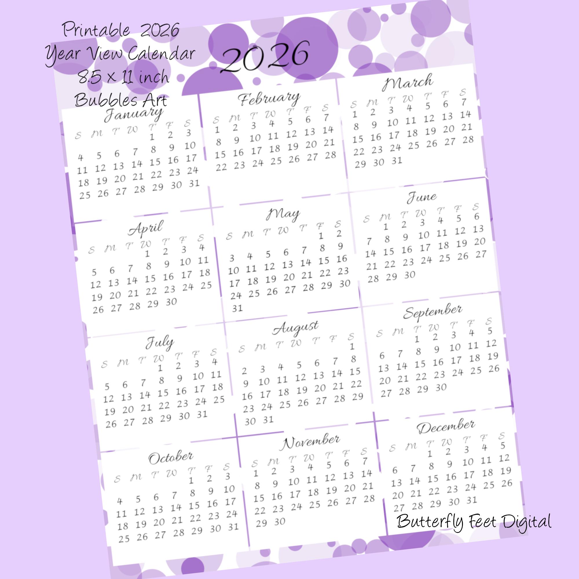 Printable 2026 Year View Calendar Bubbles Art Letter Size Digital ...