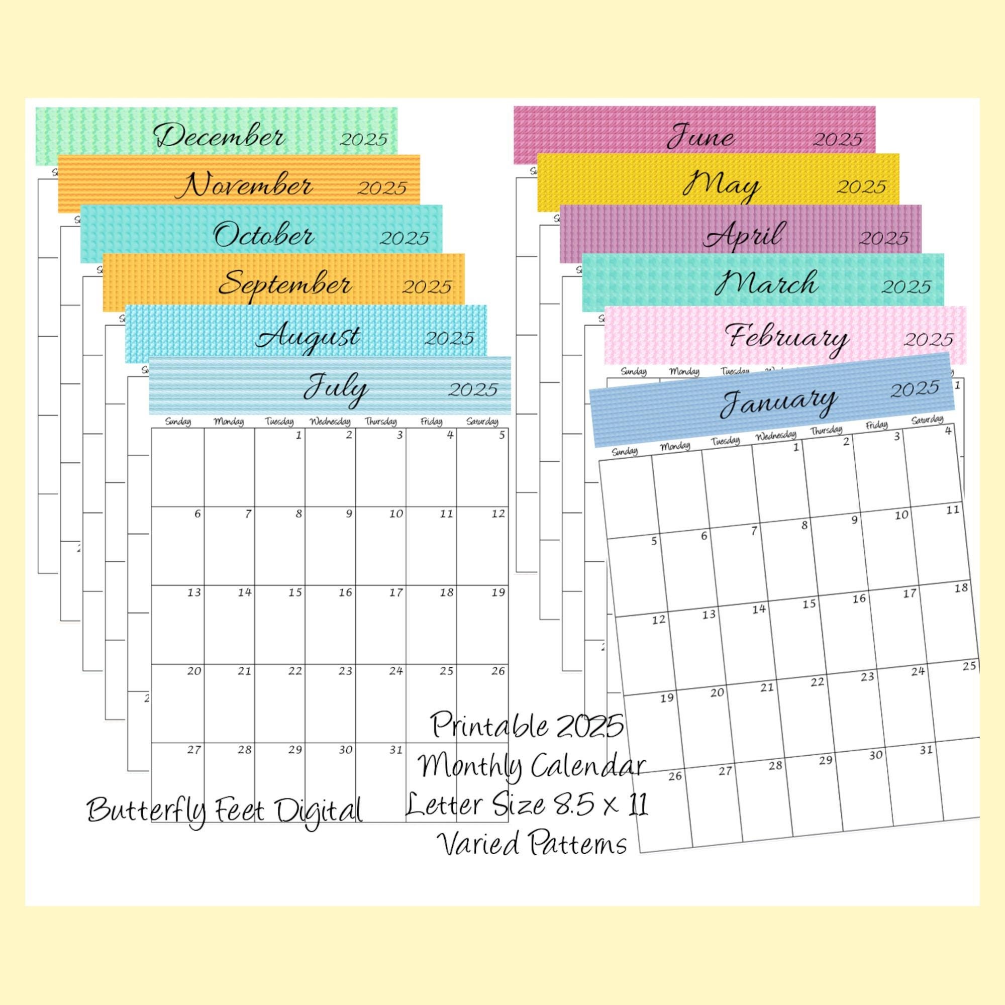 2025 Printable Calendar Letter Size Monthly Planner Portrait Colorful ...