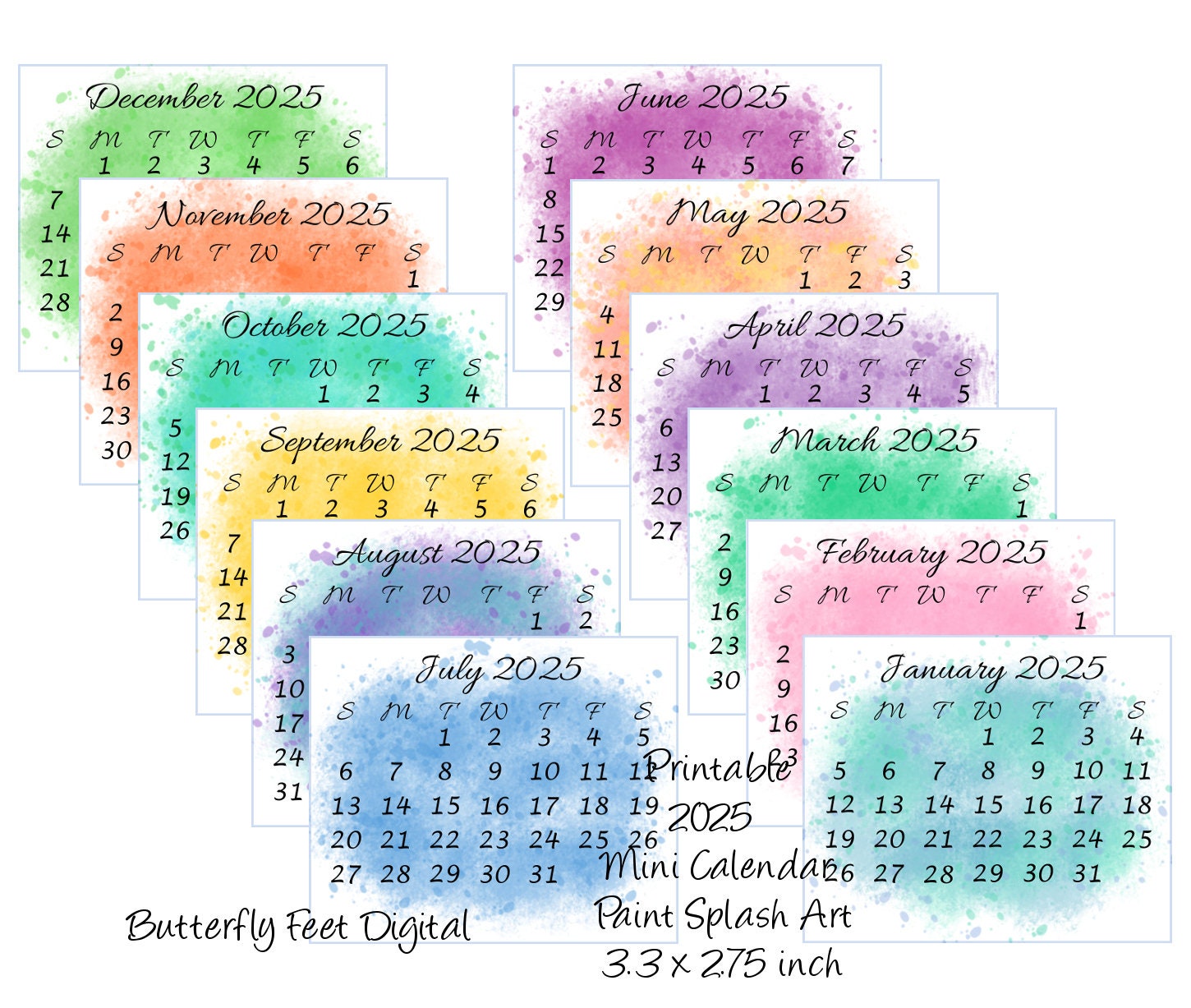 Printable Mini Calendar 2025 Pocket or Purse Calendar Watercolor Paint ...