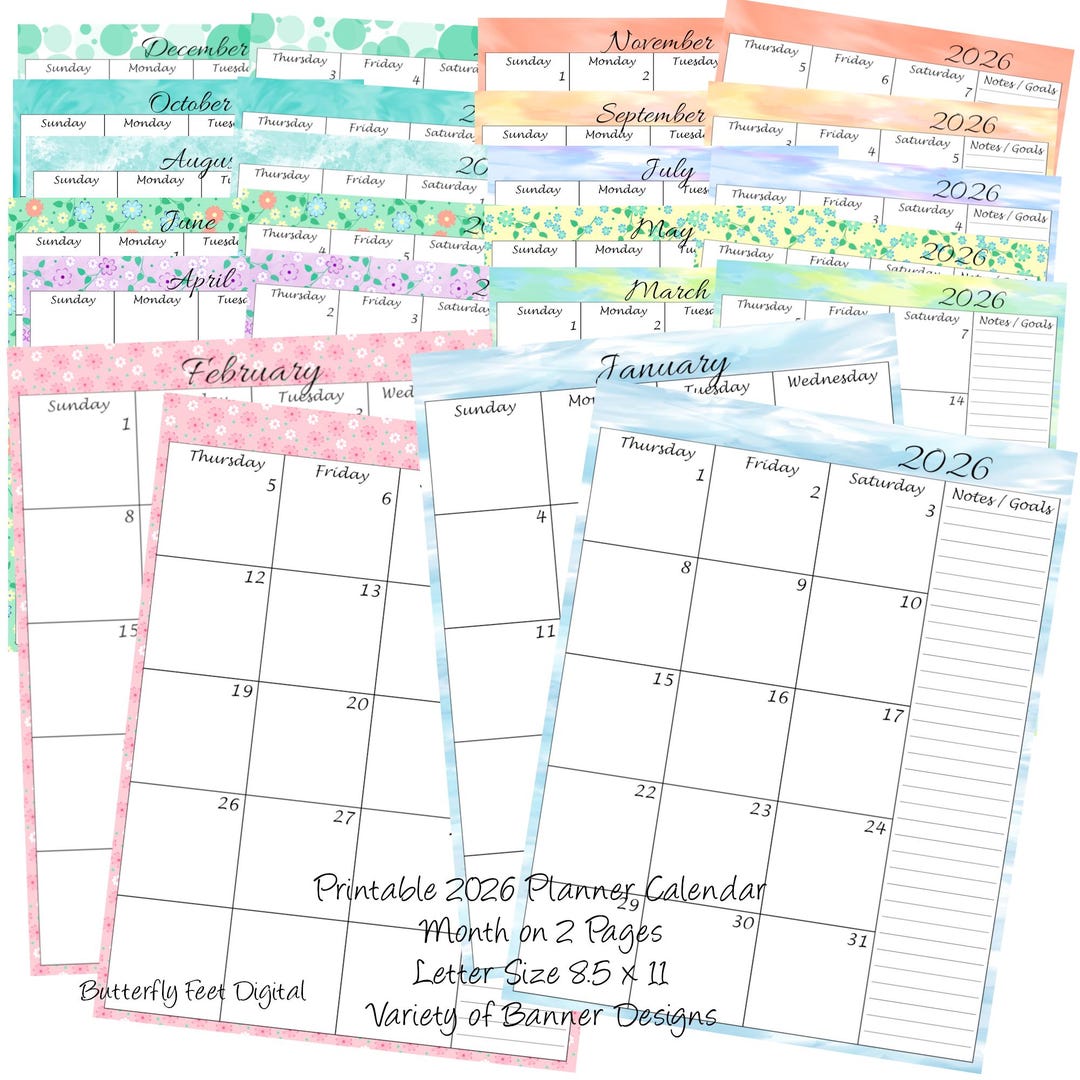 Month on 2 Pages 2026 Printable Calendar Planner Extra Wide Calendar ...