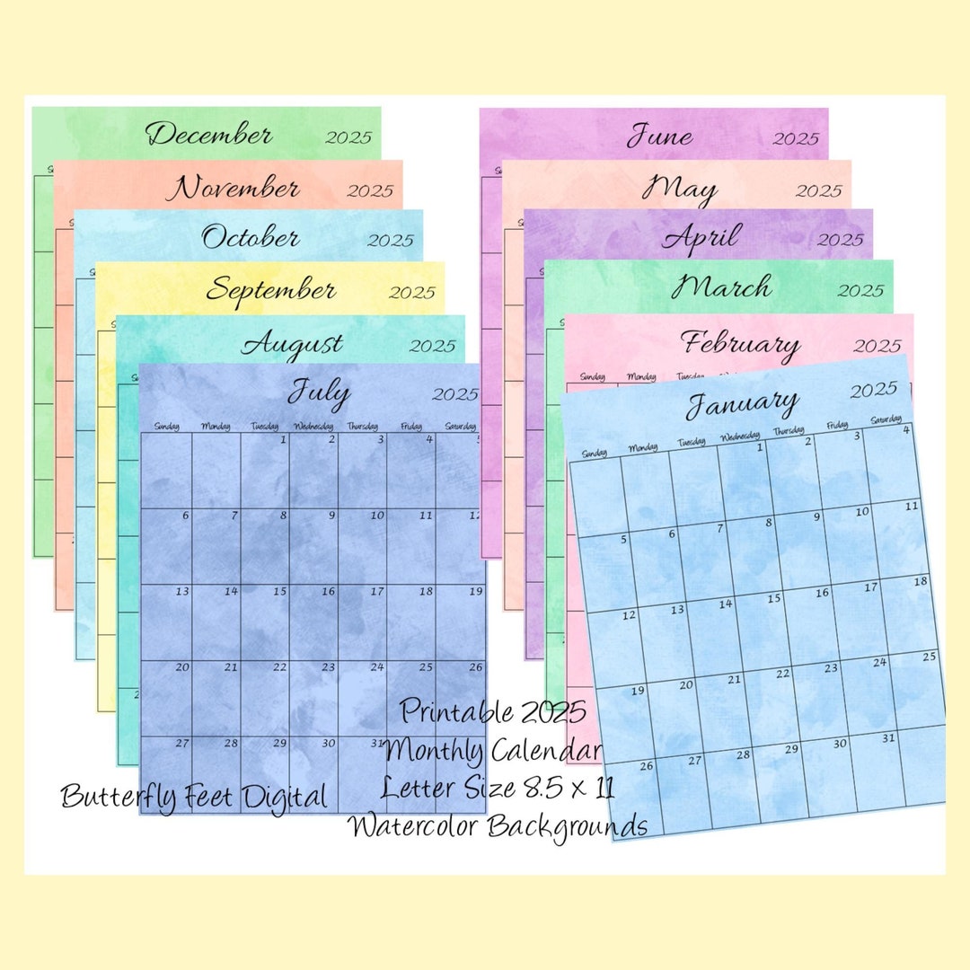 2025 Printable Monthly Calendar Portrait View Letter Size Watercolor ...