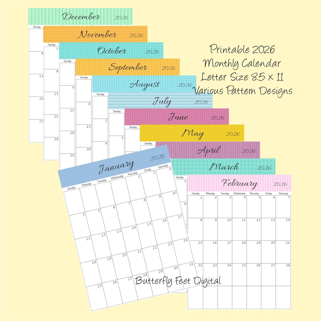 Printable Calendar 2026 Monthly Calendar Letter Size Various Designs ...