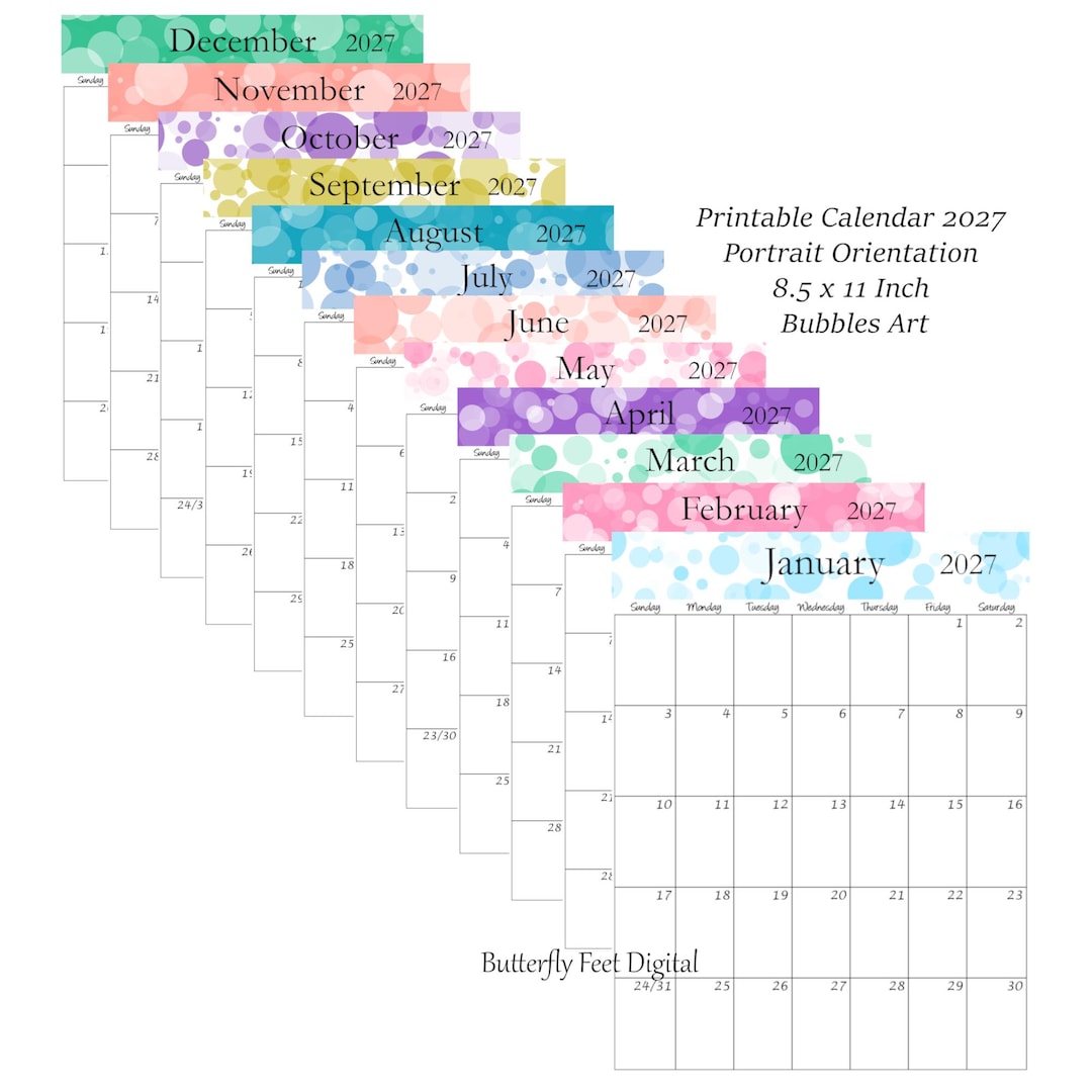2027 Printable Calendar Letter Size Monthly Portrait View Bubbles Art ...