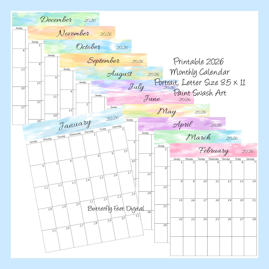 2026 Printable Calendar Letter Size Monthly Portrait View Watercolor ...