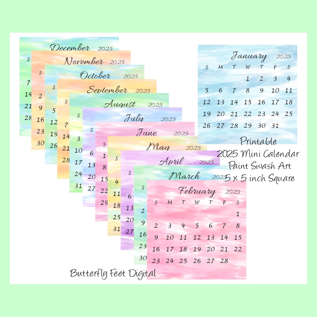 Printable Mini Calendar 2025 Pocket or Purse Calendar Watercolor Paint ...