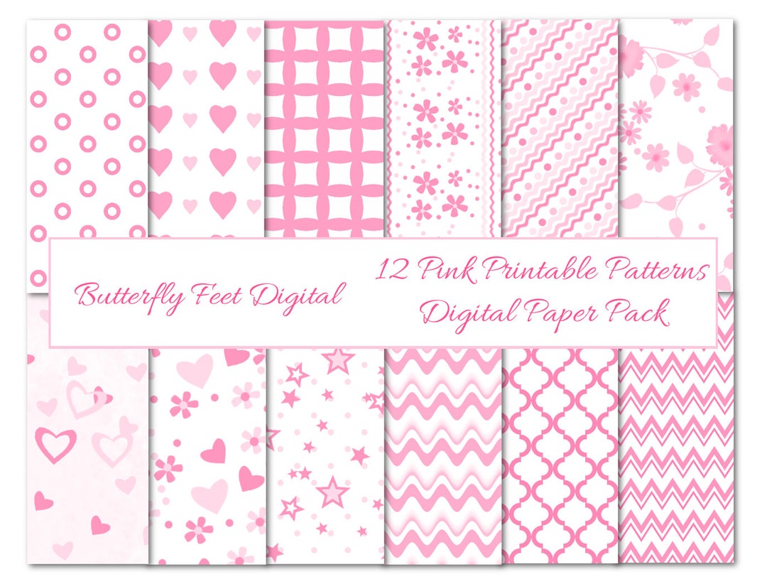 Pink Digital Paper Pack 12 Printable Designs Flowers Hearts - Etsy