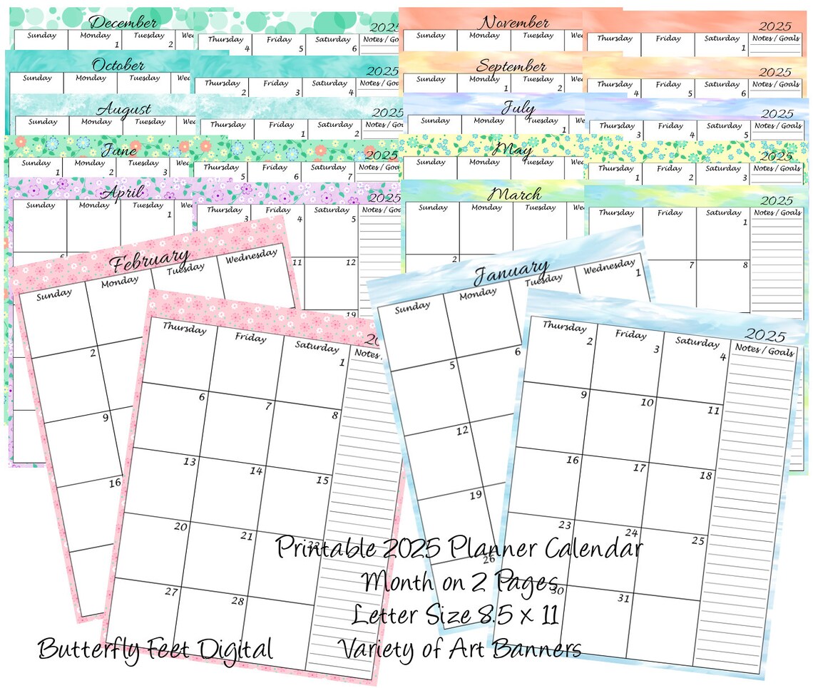Month on 2 Pages 2025 Printable Calendar Planner Extra Wide Calendar ...