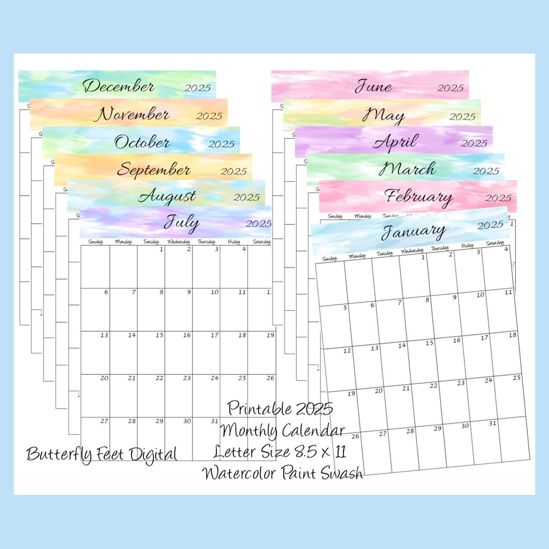 2025 Printable Monthly Calendar Portrait View Letter Size Watercolor ...