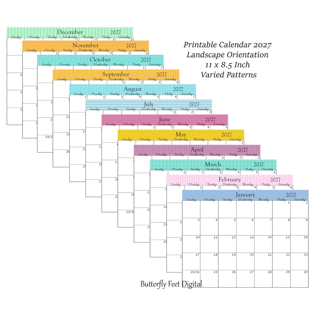 Printable Calendar 2027 Landscape View Varied Patterns Monthly Calendar ...