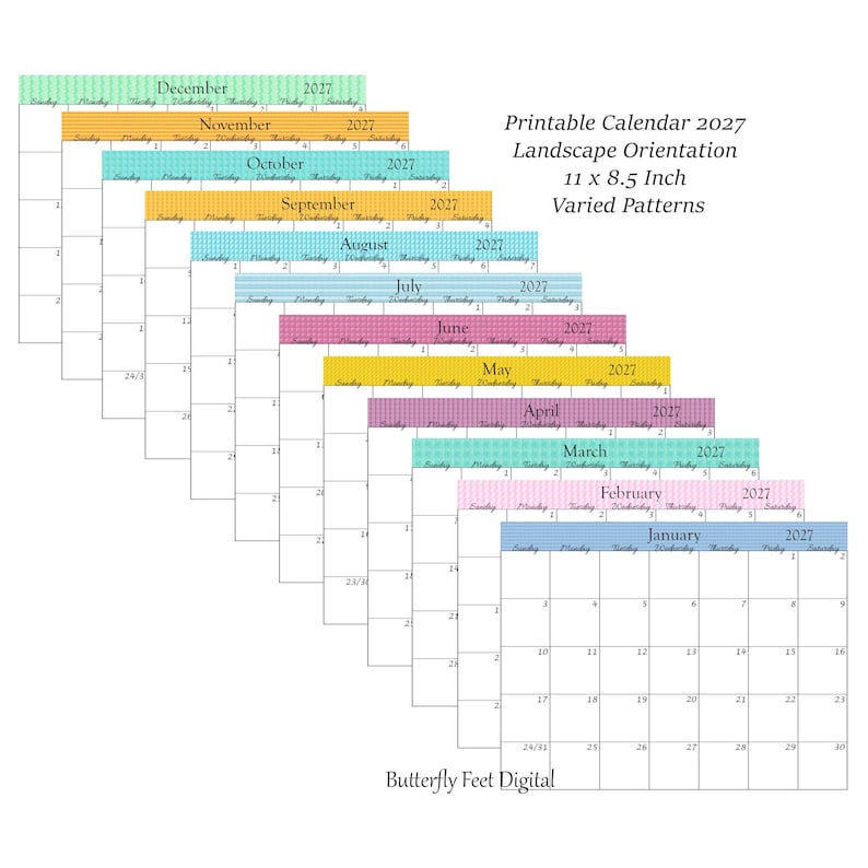 Printable Calendar 2027 Landscape View Varied Patterns Monthly Calendar ...