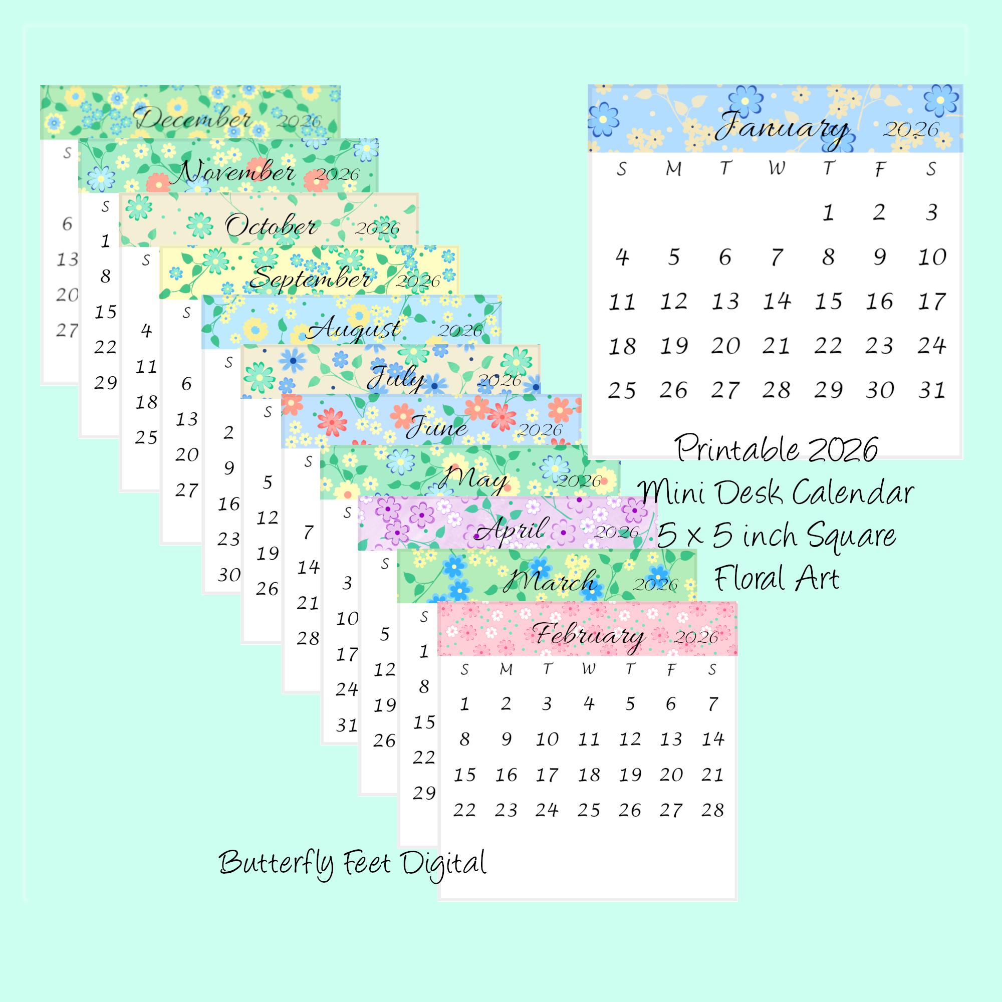 Printable 2026 Calendar 5x5 Inch Square Mini Desk Calendar Floral Art ...