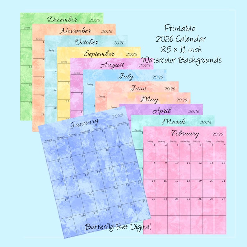 2026 Printable Calendar Letter Size Monthly Portrait View Watercolor ...