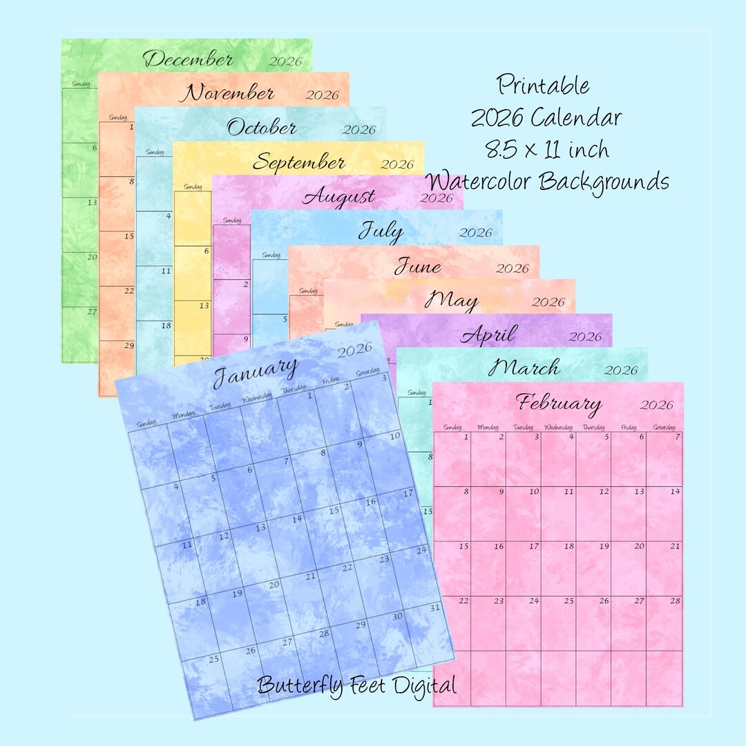 2026 Printable Calendar Letter Size Monthly Portrait View Watercolor ...
