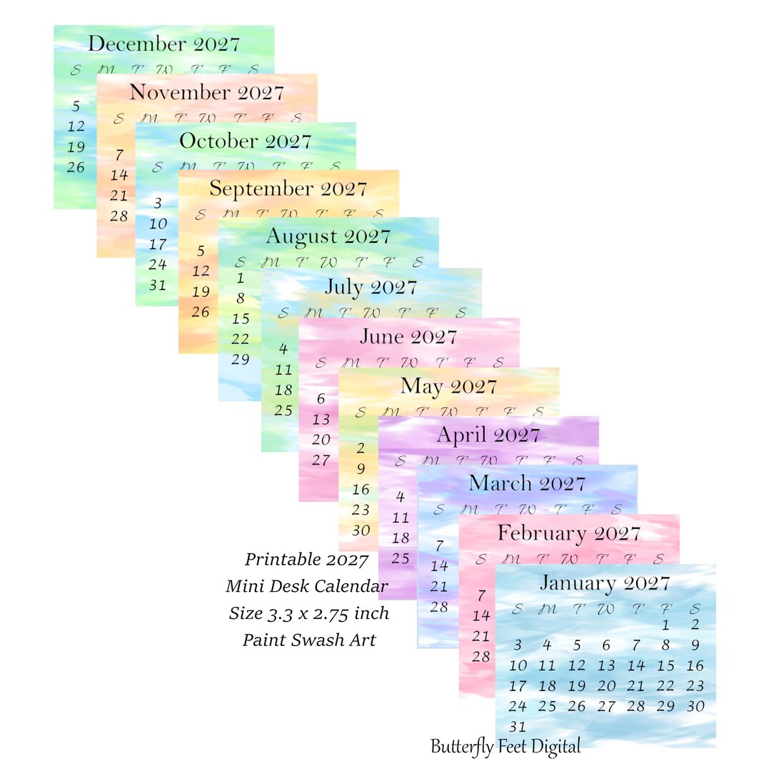 Printable 2027 Calendar Mini Calendar Paint Swash Art 3.3 X 2.75 Inch ...