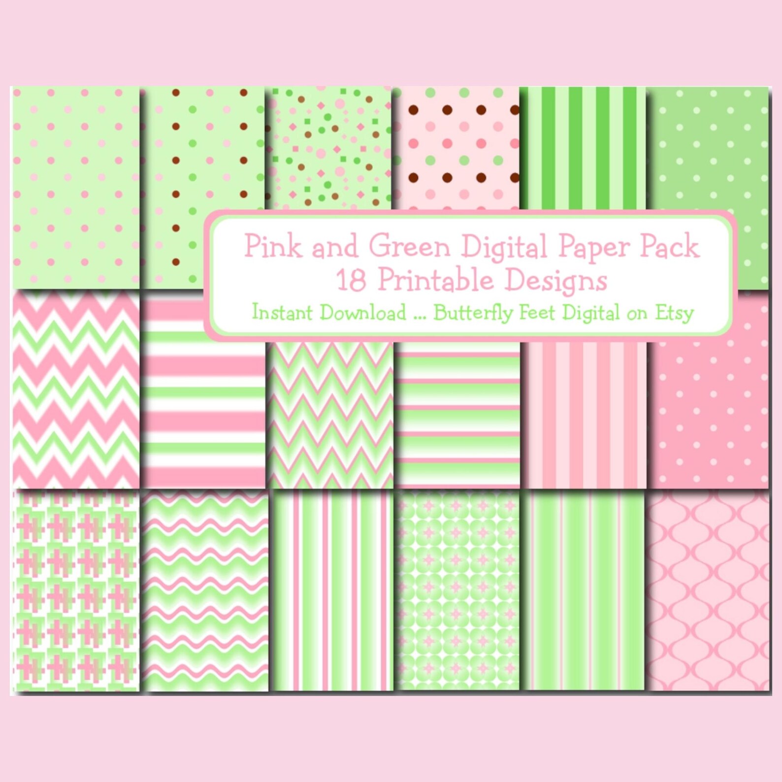 Pink and Green Digital Paper Pack 18 Printable Pastel Designs Digital ...