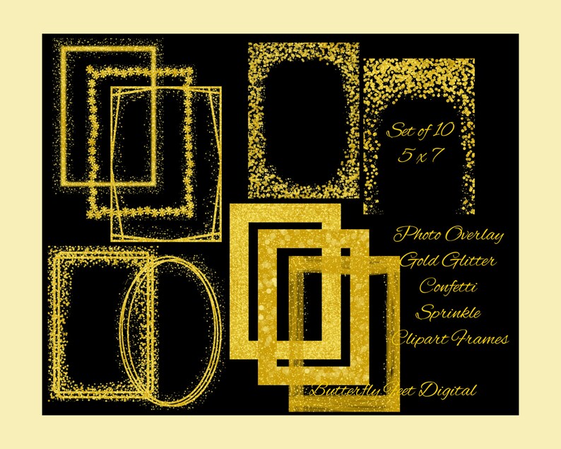 Clipart Frames Borders Gold Glitter PNG Photo Overlay 5x7 Digital ...