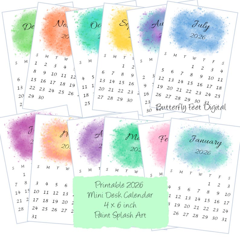 2026 Printable Mini Desk Calendar 4 X 6 Inch Watercolor Paint Splash ...