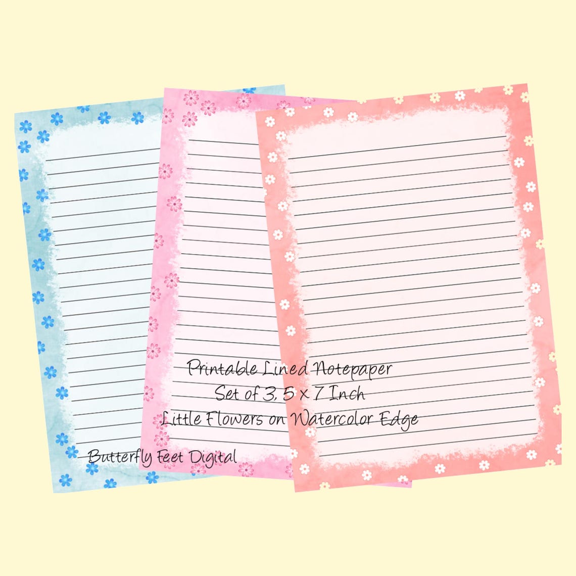 Printable Lined Notepaper Mini Journal Pages Floral 5 X 7 Inch Digital ...