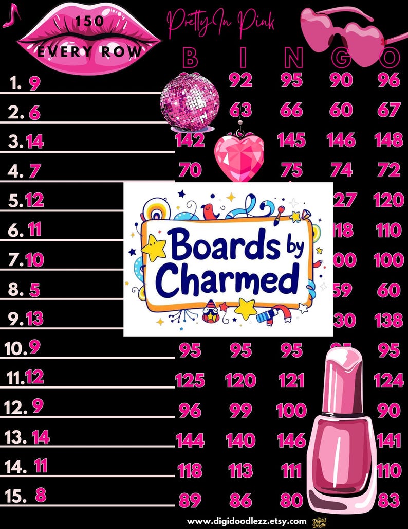 150 WTA Pretty in Pink Bingo Board |custom Bingo Cards| DIY Bingo Game ...