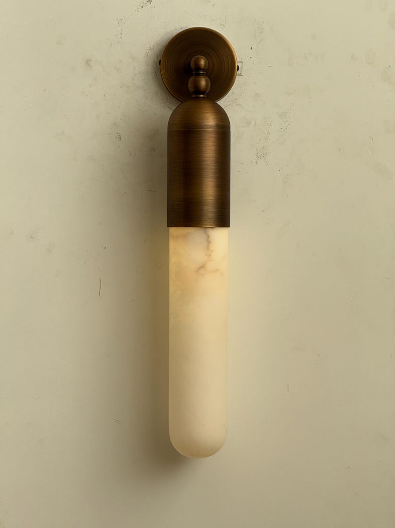 Luminous Alabaster Slim Cylinder Sconce With Brass Detail, Modern ...
