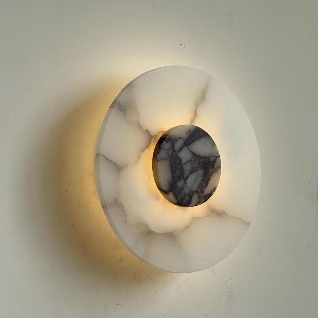 Luminous Alabaster Wall Sconce With Calacatta Marble Medallion, Modern ...
