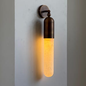 Luminous Alabaster Slim Cylinder Sconce With Brass Detail, Modern ...