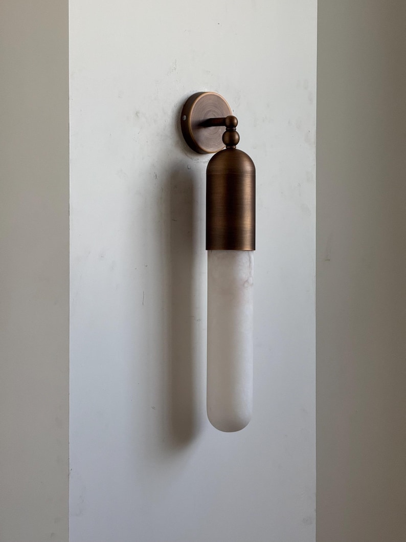 Luminous Alabaster Slim Cylinder Sconce With Brass Detail, Modern ...