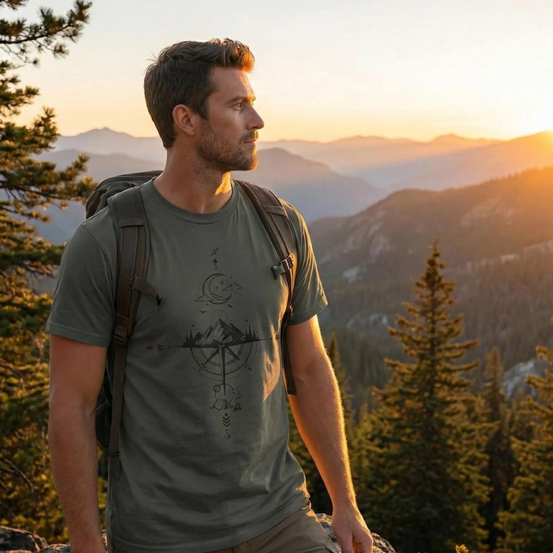 Minimalist Mountain Compass Wanderlust Comfort Colors Camping Graphic T ...