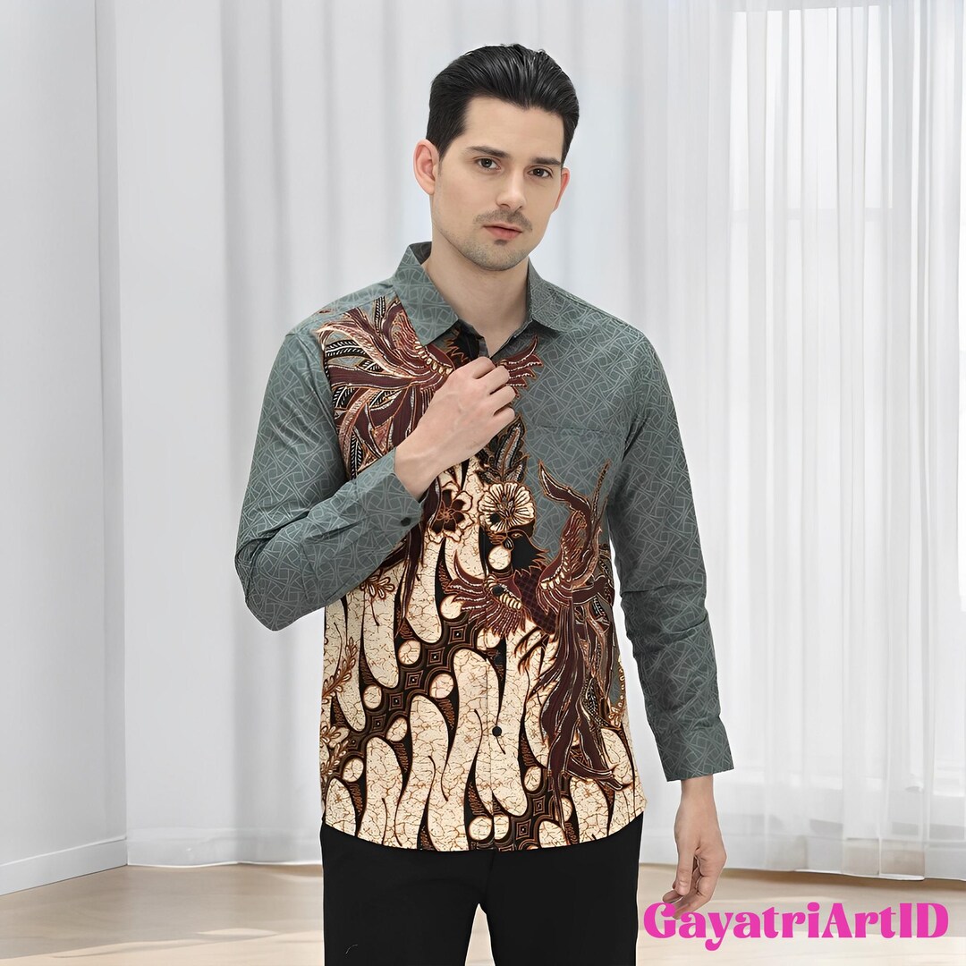 Sage Green Men's Batik Shirt — Long Sleeve Modern Batik Top, Stylish ...