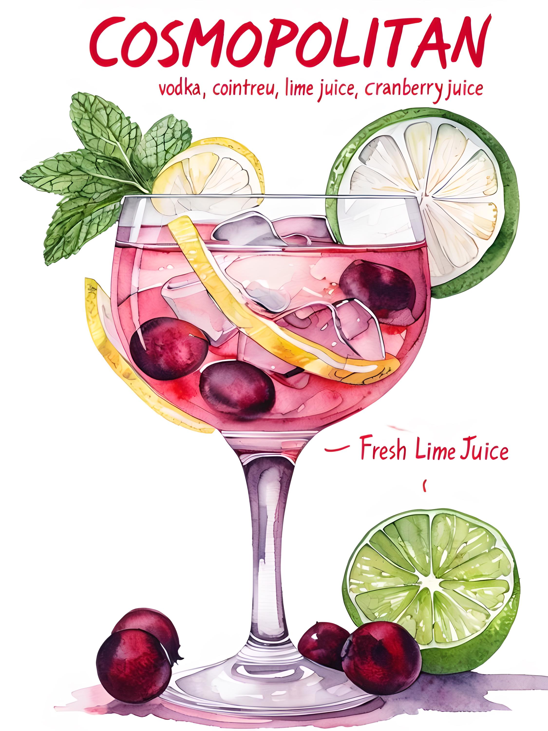 Cosmopolitan Cocktail Print - Watercolor Martini Art, Cranberry Vodka ...