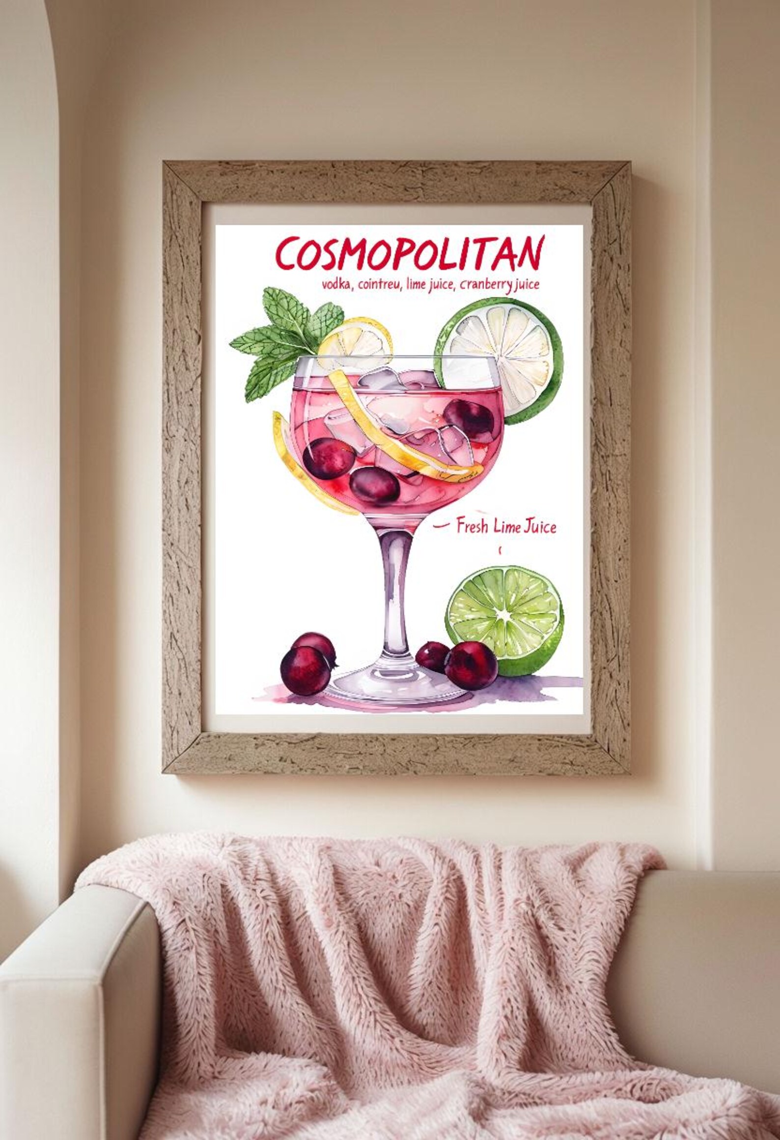 Cosmopolitan Cocktail Print - Watercolor Martini Art, Cranberry Vodka ...