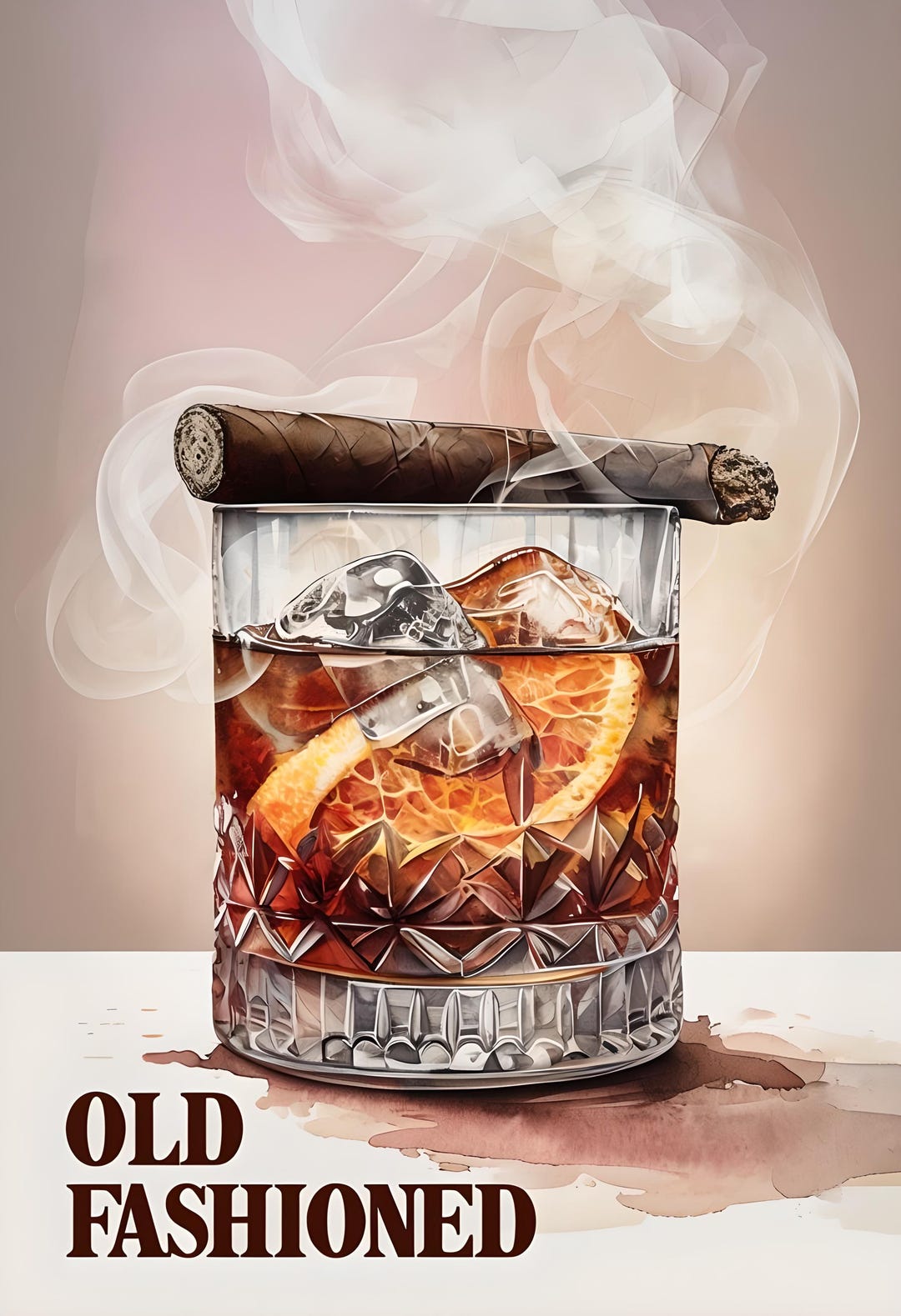 Old Fashioned Cocktail & Cigar Watercolor Print - Vintage Bar Art ...