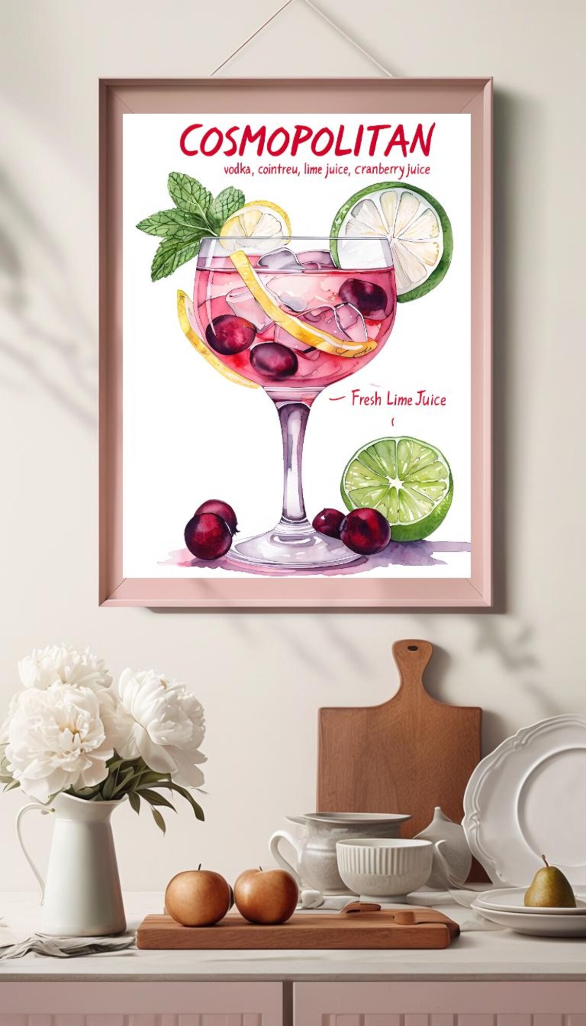 Cosmopolitan Cocktail Print - Watercolor Martini Art, Cranberry Vodka ...