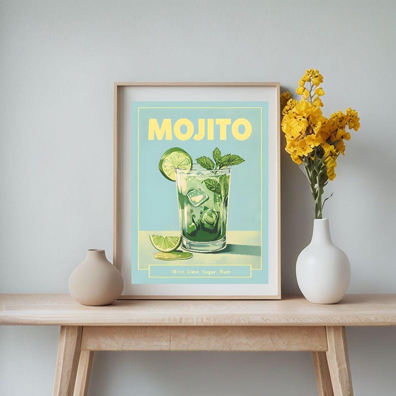 Mojito Cocktail Print - Vintage Bar Art, Mint & Lime Drink Poster ...
