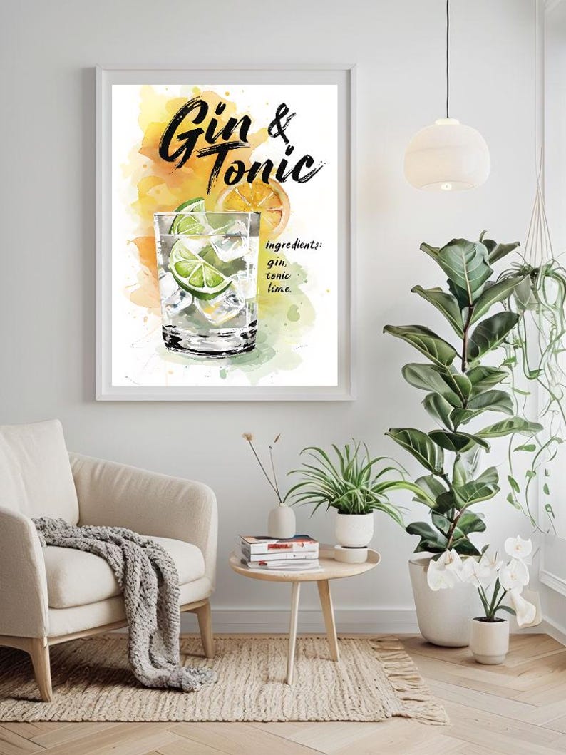 Watercolor Gin and Tonic Print - Cocktail Art, Bar Decor, Mixology Wall ...
