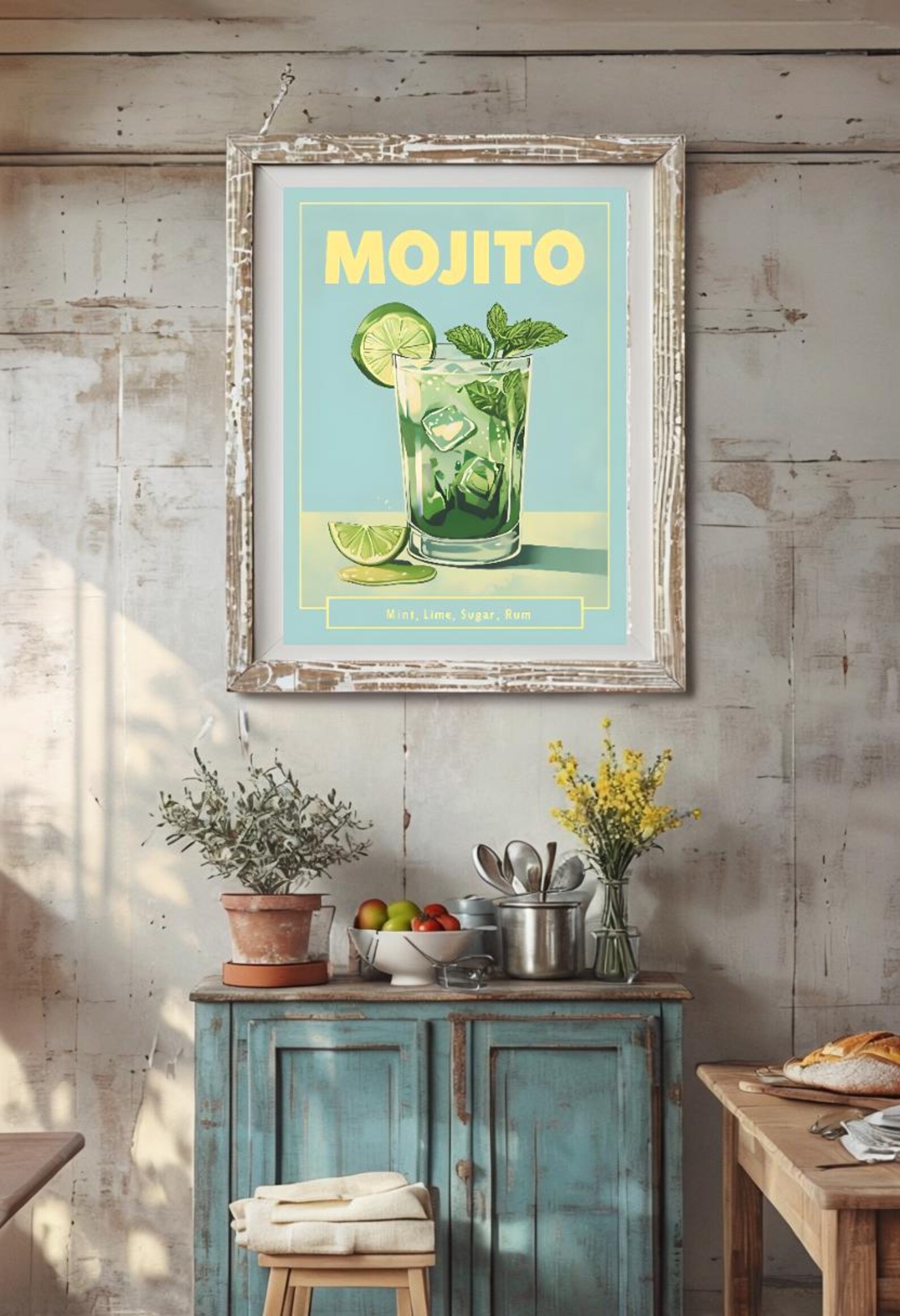 Mojito Cocktail Print - Vintage Bar Art, Mint & Lime Drink Poster ...