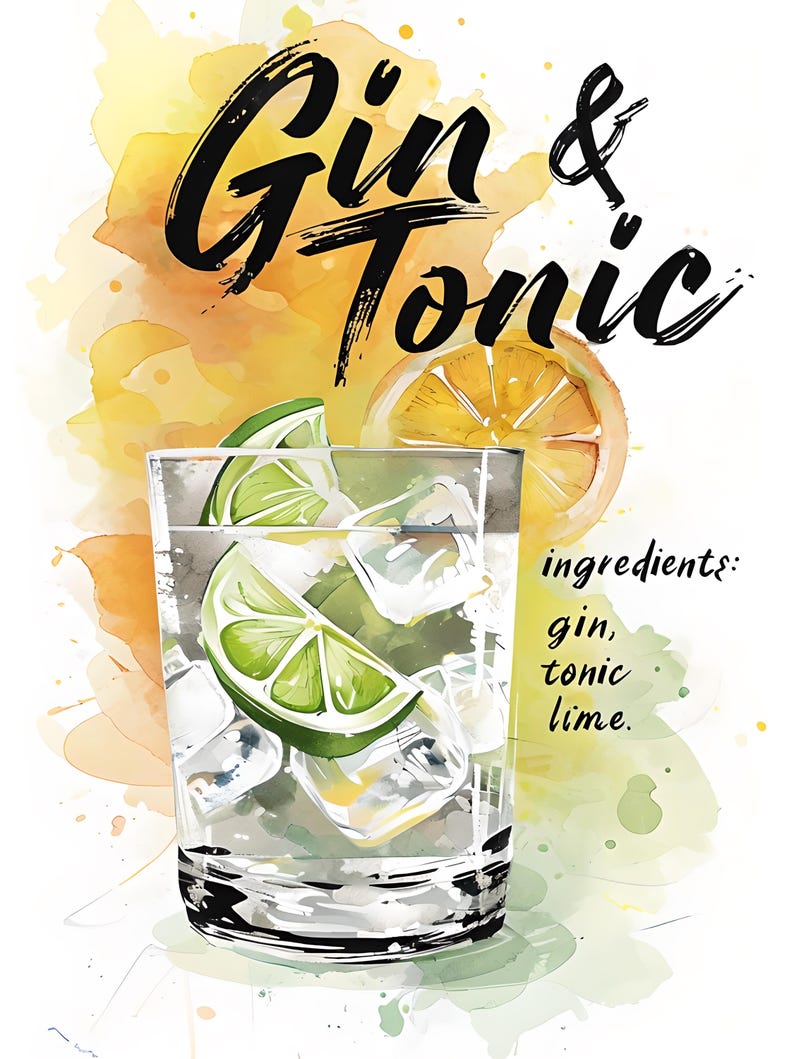 Watercolor Gin and Tonic Print - Cocktail Art, Bar Decor, Mixology Wall ...