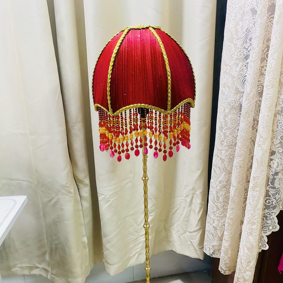Bohemian Glam Floor Lamp: Red Velvet Beaded Tassel Shade, Antique Brass ...