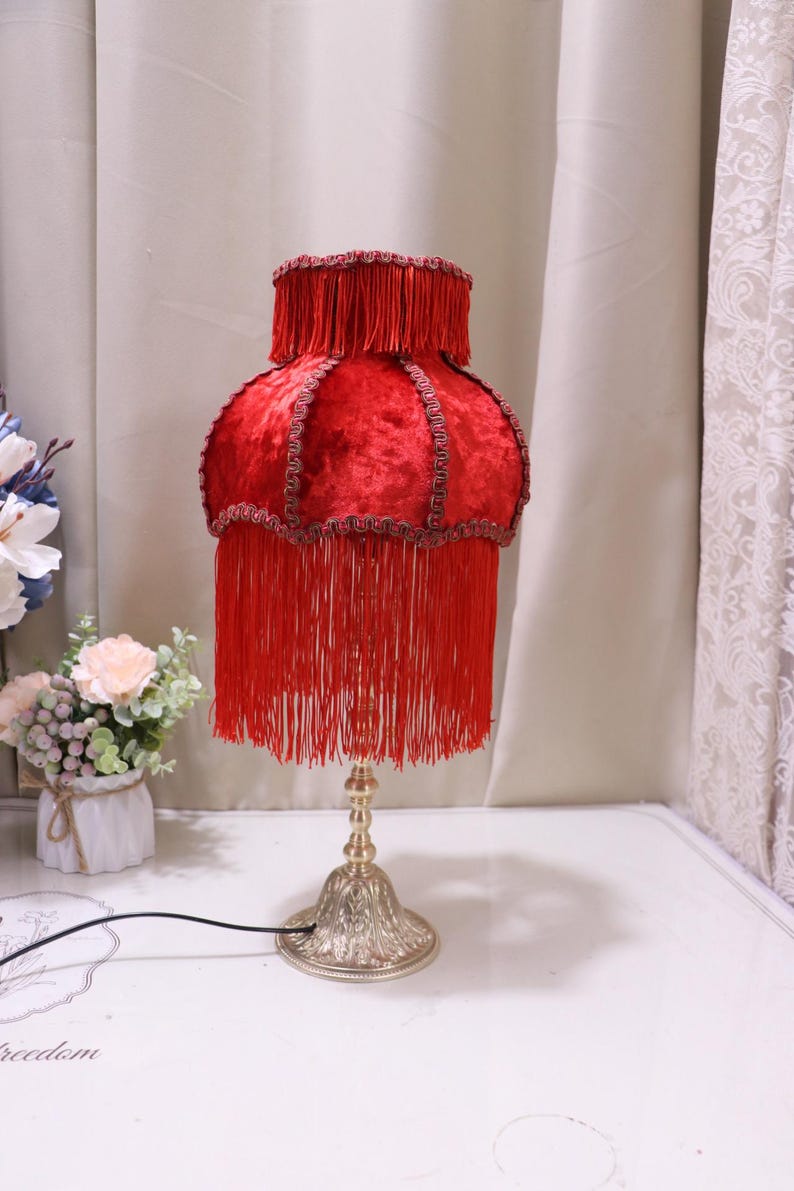 Red Velvet Vintage Table Lamp | Victorian Fringed Lamp Shade | European ...