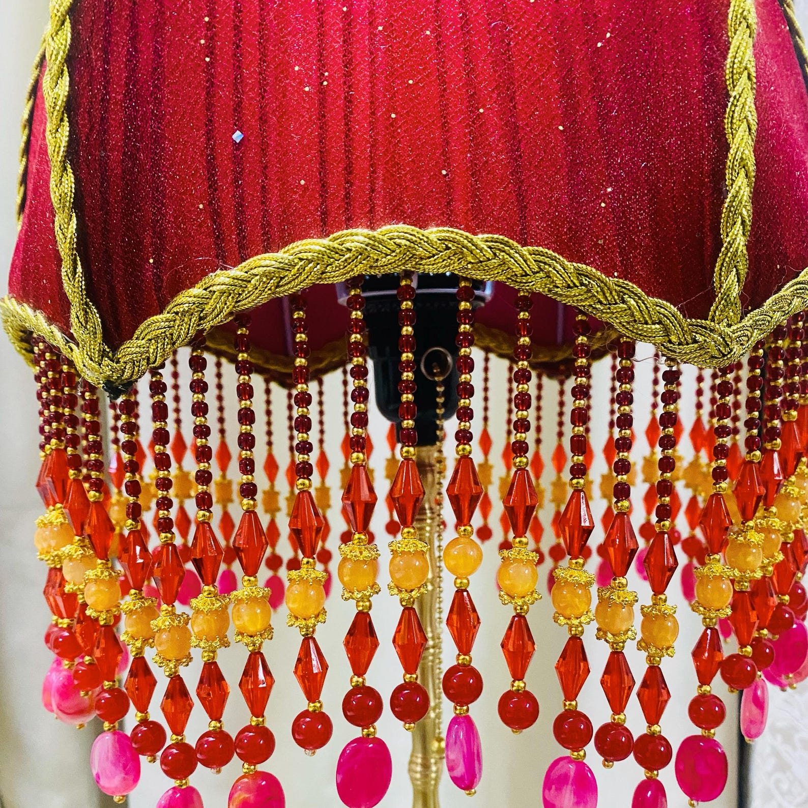 Bohemian Glam Floor Lamp: Red Velvet Beaded Tassel Shade, Antique Brass ...