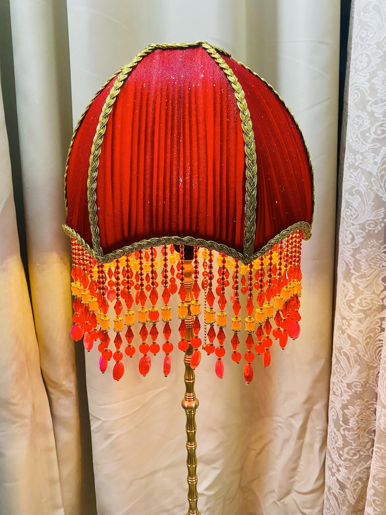 Bohemian Glam Floor Lamp: Red Velvet Beaded Tassel Shade, Antique Brass ...