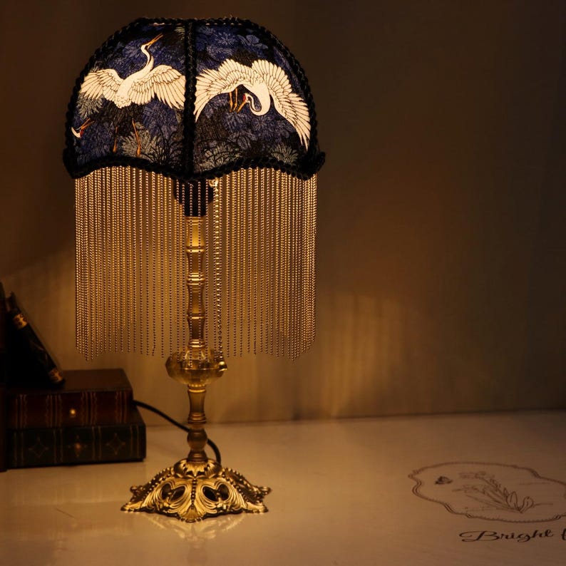 Handmade Brass Crane Table Lamp: Retro Tassel Bedroom Desk Light ...