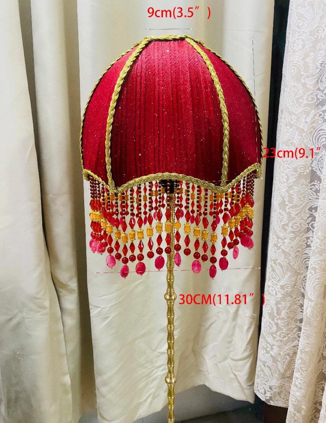 Bohemian Glam Floor Lamp: Red Velvet Beaded Tassel Shade, Antique Brass ...