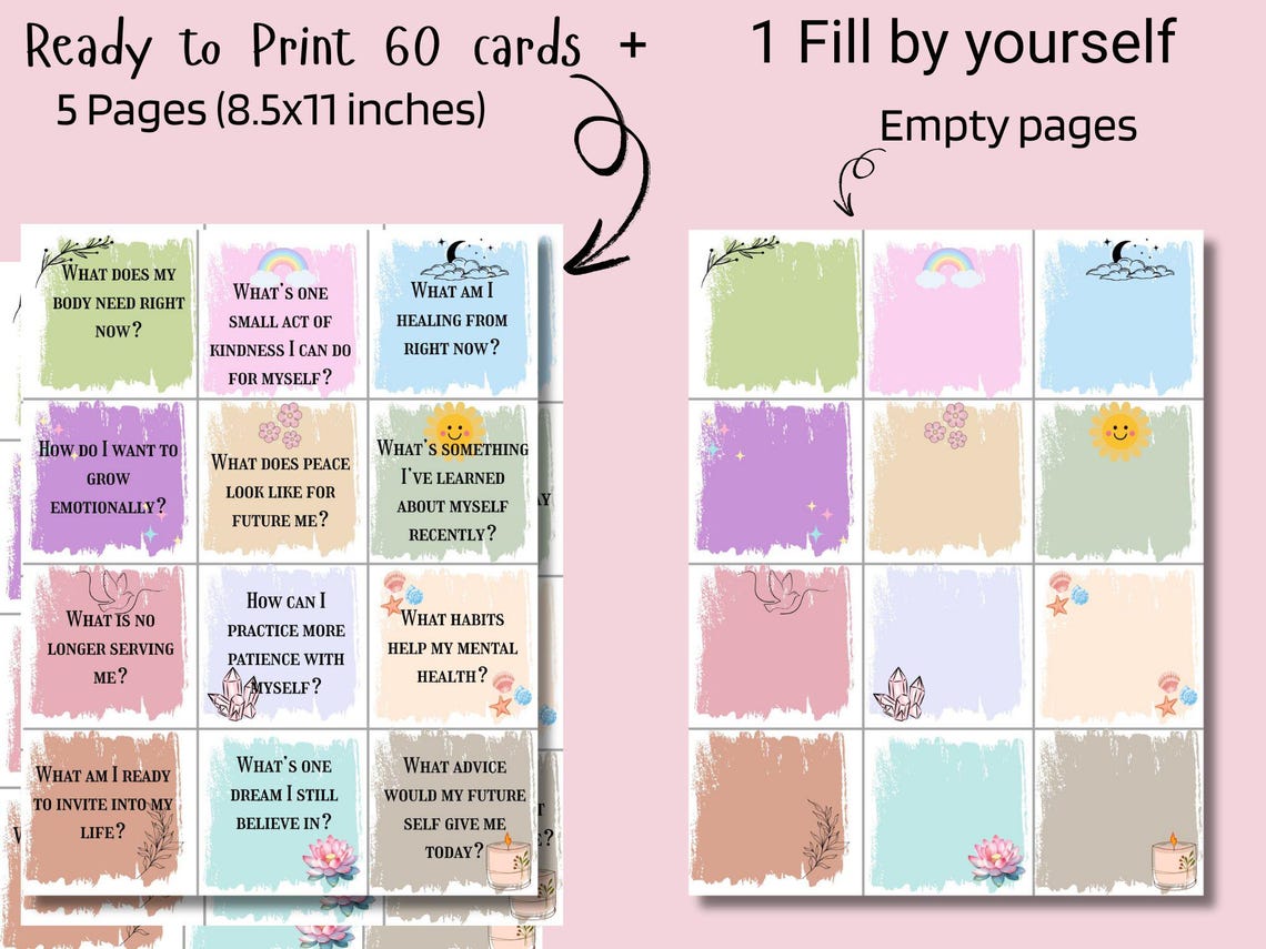 60 Anxiety & Self-care Journal Prompt Cards Printable,mental Health ...
