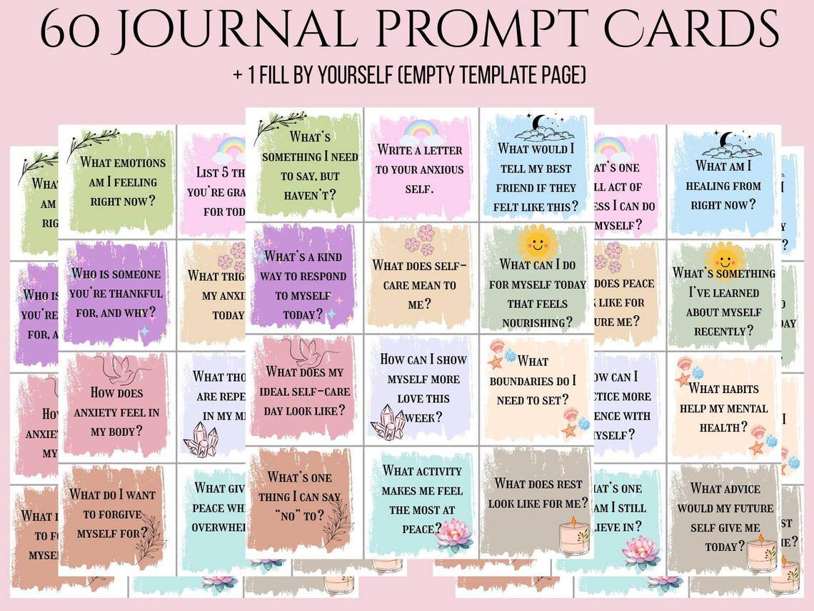 60 Anxiety & Self-care Journal Prompt Cards Printable,mental Health ...