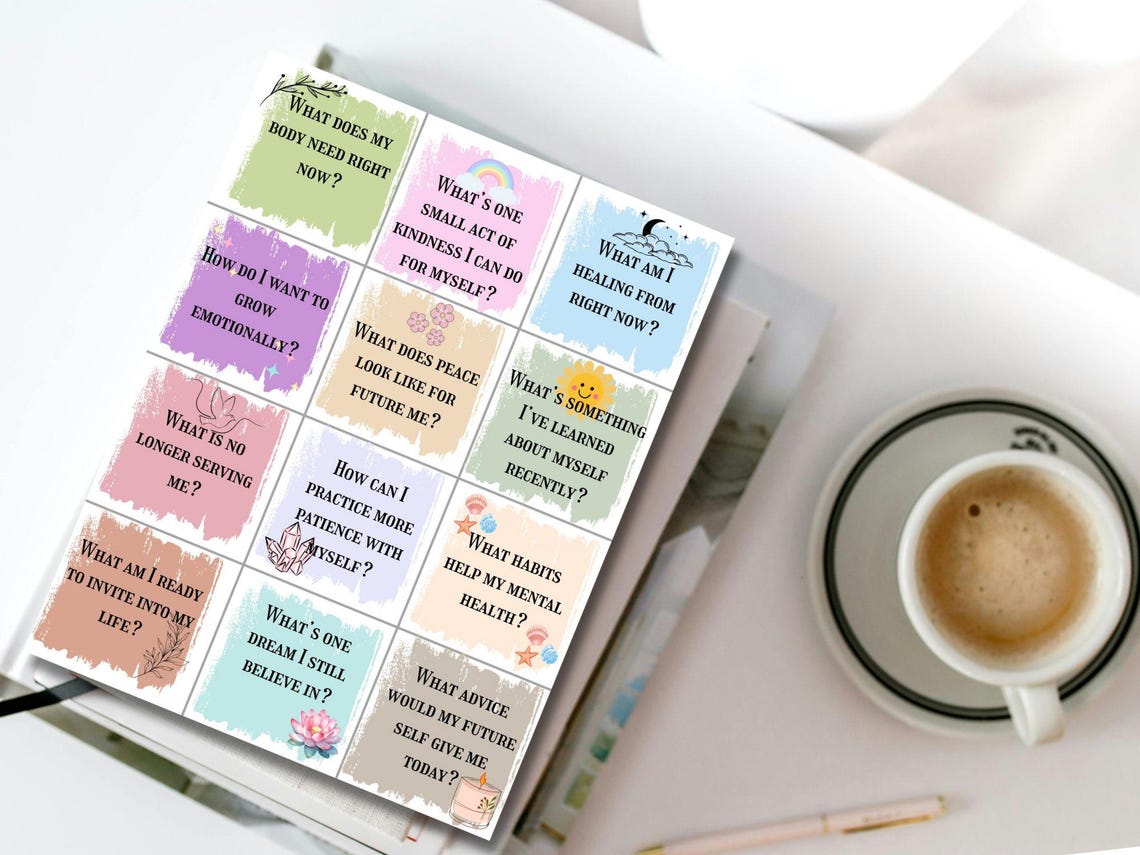 60 Anxiety & Self-care Journal Prompt Cards Printable,mental Health ...