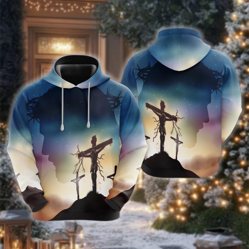 Calvary Cross Hoodie, Crown of Thorns Pullover, Religious Golgotha Gift ...