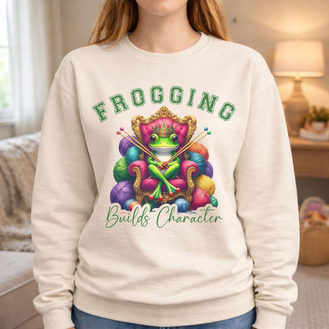 Frogging Builds Character Frog Sweatshirt Yarn Humor Cozy Crewneck for ...